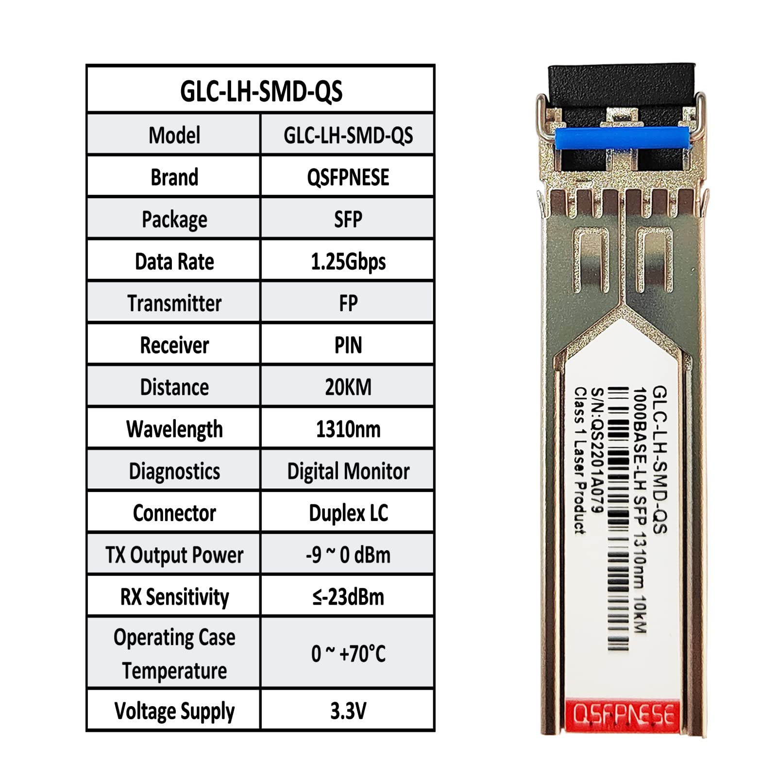 QSFPNESE 1.25G SFP 1000BASE-LX Transceiver, 1310nm SMF Module, up to 10KM/20KM, Compatible with Cisco GLC-LH-SMD, Meraki, D-Link, Supermicro, Fortinet, Ubiquiti, Netgear, Mikrotik