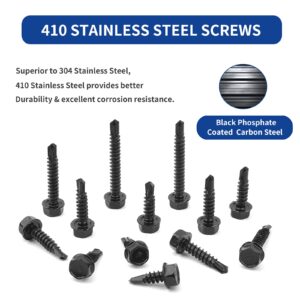 Self Drilling Screws - #8 x 1/2'' to 1-1/2'' Hex Washer Head Screw Kit, 410 Stainless Steel Black Self Tapping Screws, Self Tapping Sheet Metal Tek Screws 220 PCS