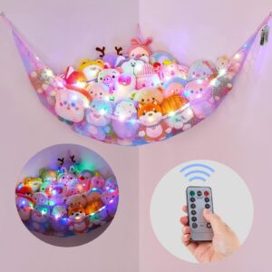 Basumee Stuffed Animals Net or Hammock with LED Light Hanging Toy Net Hammock for Stuffed Animals Storage Stuff Animals Hammocks for Nursery Kids Room with Remote Control, 8 Kinds of Lights(Pack of 1)