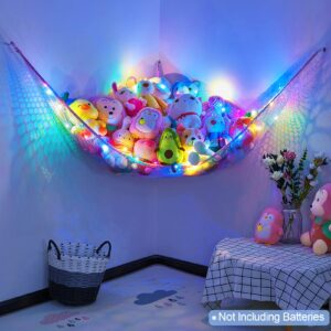 Basumee Stuffed Animals Net or Hammock with LED Light Hanging Toy Net Hammock for Stuffed Animals Storage Stuff Animals Hammocks for Nursery Kids Room with Remote Control, 8 Kinds of Lights(Pack of 1)