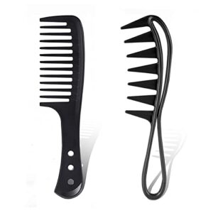 kinbom 2pcs hair combs, wide tooth comb for curly wet wavy thick hair wigs barber salon, large tooth spacing shark teeth hair hairstyle tool (black)