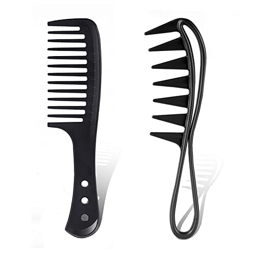 KINBOM 2Pcs Hair Combs, Wide Tooth Comb for Curly Wet Wavy Thick Hair Wigs Barber Salon, Large Tooth Spacing Shark Teeth Hair Hairstyle Tool (Black)