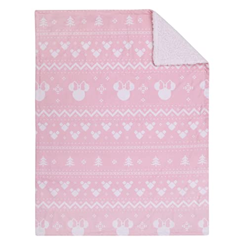 Disney Minnie Mouse Pink and White Winter Christmas Holiday Super Soft Sherpa Baby Blanket