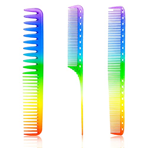 WLLHYF 3 Pieces Rainbow Hair Combs, Rat Tail Fine Cutting Comb Professional Salon Hairdressing Pintail Comb Anti-Static Fine Tooth Comb for Women Men Kids Various Hair Types Back Combing