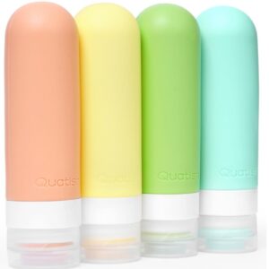 quatish travel bottles for toiletries【original patented】, 3 oz tsa approved leak proof travel size containers, silicone shampoo and conditioner bottles, 4 pack travel size bottles, multi-color