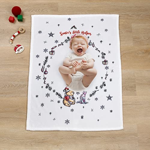 Disney Winnie The Pooh and Piglet White, Red, and Green Christmas Holiday Wreath Santa's Little Helper Photo Op Super Soft Baby Blanket