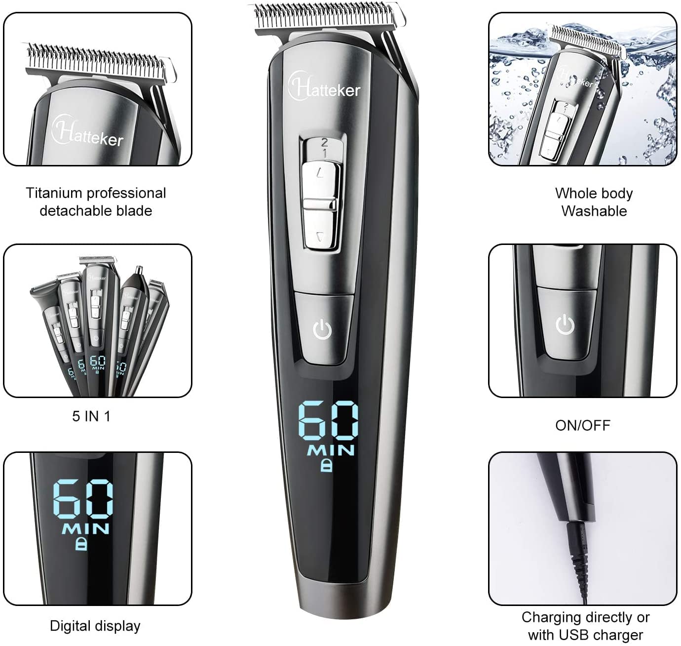 Hatteker Hair Clipper Beard Trimmer Kit for Men Cordless Hair Mustache Trimmer Hair Cutting Groomer Kit Precision Trimmer Waterproof USB Rechargeable 5 in 1