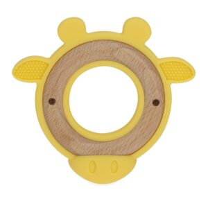 nuby natural wood teether with soft silicone, minimalist design easy to clean, giraffe yellow