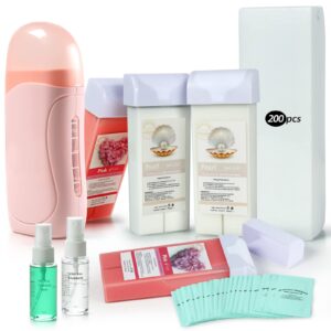 roll on wax,4 pack wax roller kit with wax warmer & 200 wax strips & wax cleanser kit,home rose & milk roller waxing kit for women hair removal, waxing kit roll on for sensitive skin legs beth lee