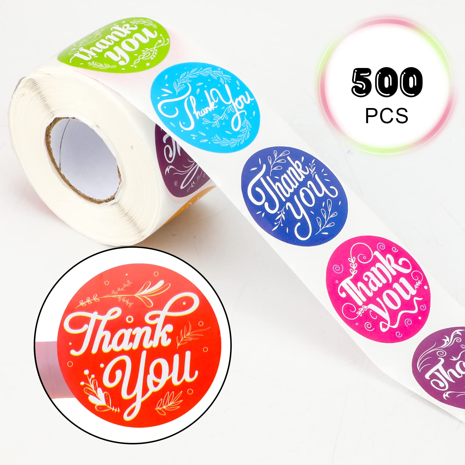 Qpout Thank You Stickers 1.5 inch, Colorful Thank You Stickers, 500 Pieces Thank You Stickers Small Business, Thank You Stickers for Packaging, Red Green Blue Orange Purple Thank You Sticker, 1 Roll