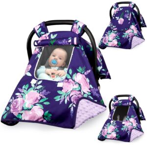 baby carseat seat cover girls, winter carseat canopy, cozy & warm cover with zipper peep windows, infant minky carrier cover, soft breathable, baby must have, purple stuff