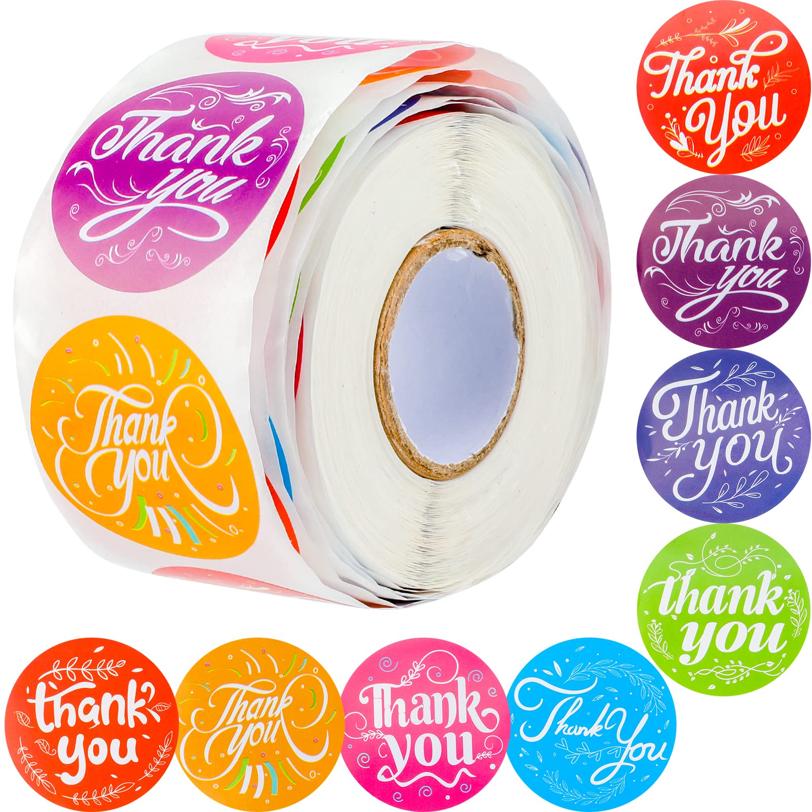 Qpout Thank You Stickers 1.5 inch, Colorful Thank You Stickers, 500 Pieces Thank You Stickers Small Business, Thank You Stickers for Packaging, Red Green Blue Orange Purple Thank You Sticker, 1 Roll