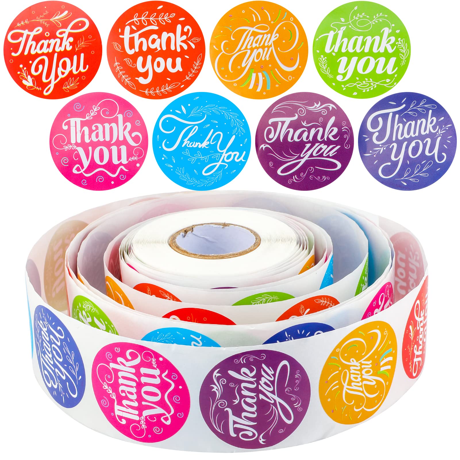 Qpout Thank You Stickers 1.5 inch, Colorful Thank You Stickers, 500 Pieces Thank You Stickers Small Business, Thank You Stickers for Packaging, Red Green Blue Orange Purple Thank You Sticker, 1 Roll