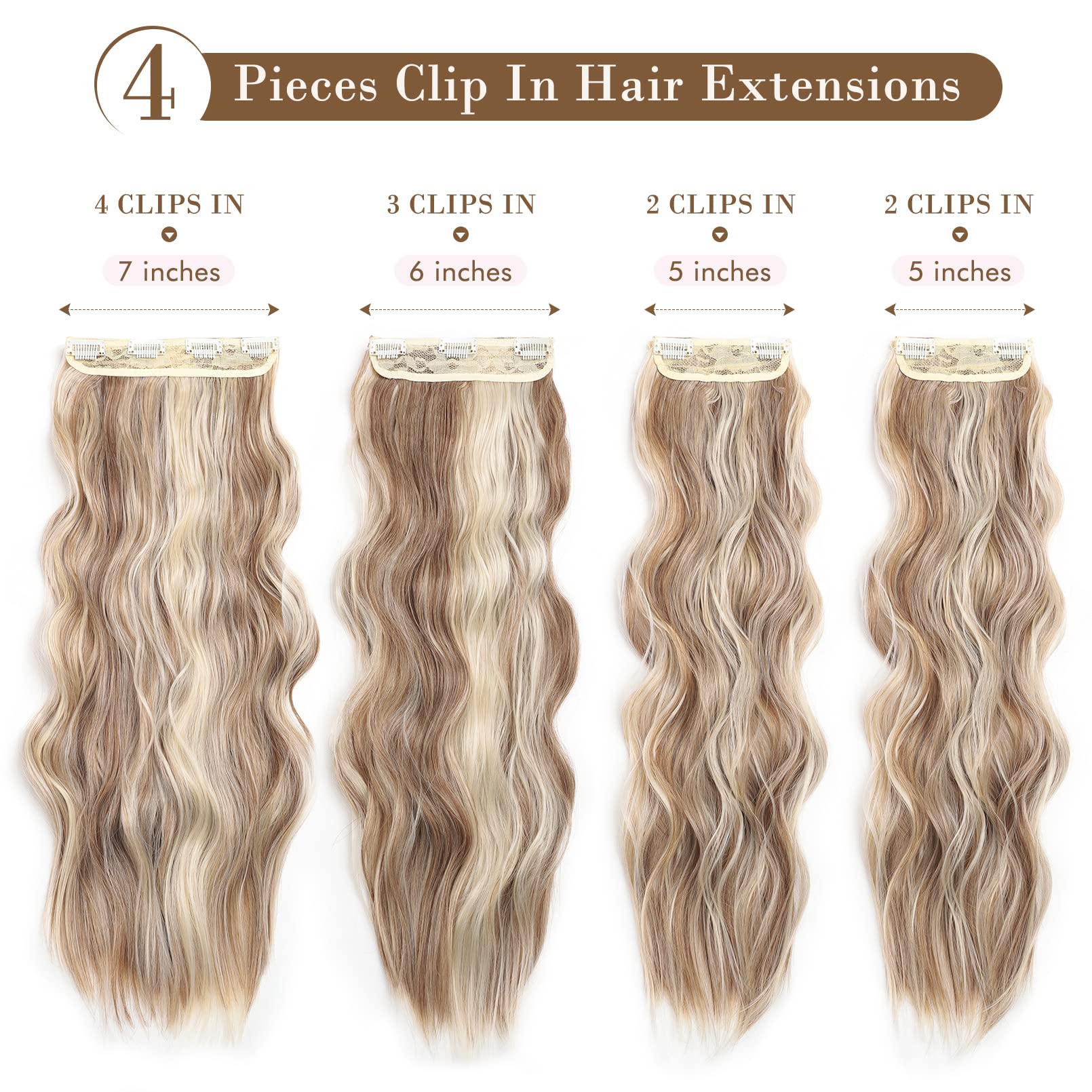 REECHO Hair Extensions, 20 Inch 4PCS Synthetic Fiber Clip in Hair Extensions Natural Soft Hairpieces for Women, Dark Blonde with Highlights