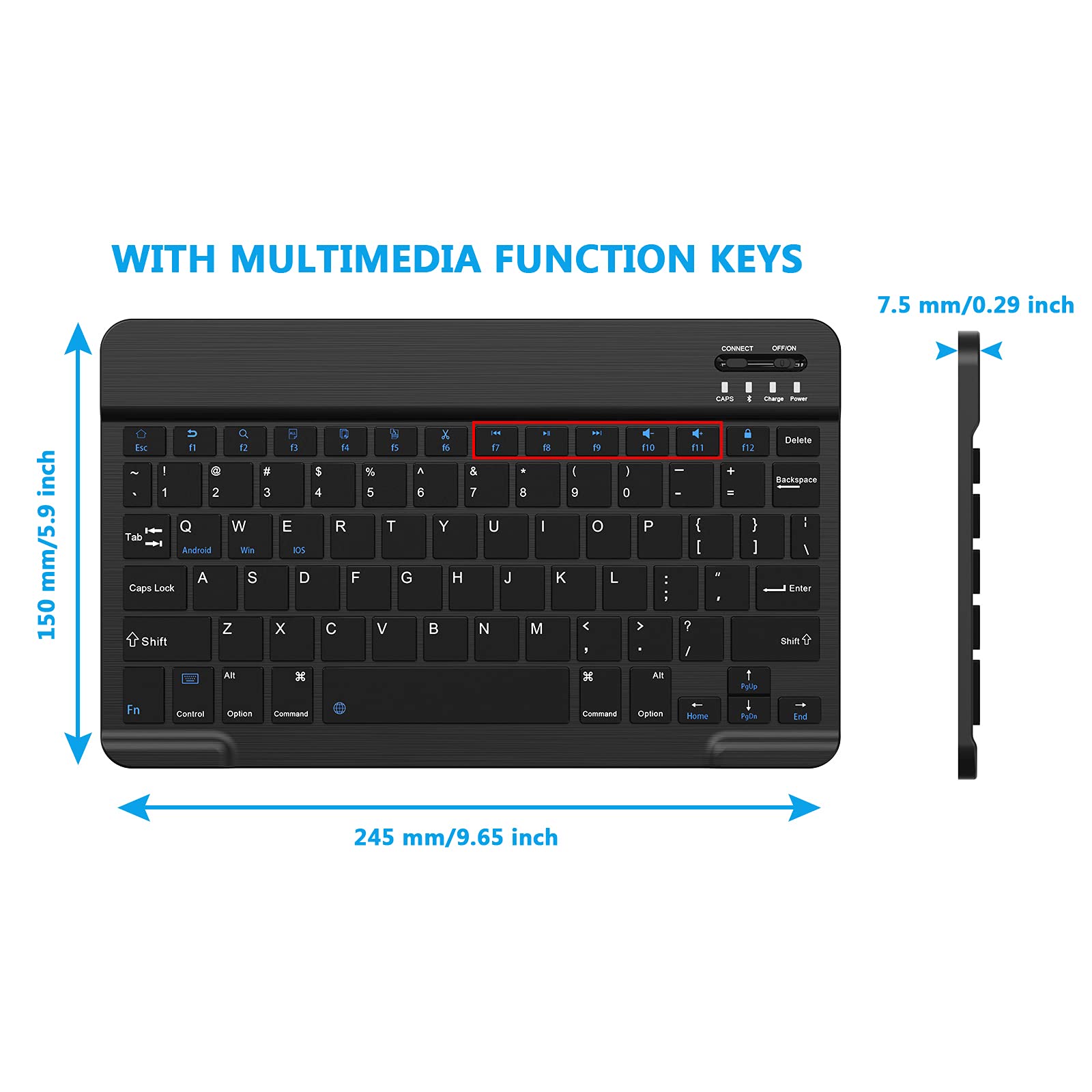 Ultra-Slim Small Bluetooth Keyboard, Portable Rechargeable External Cordless Wireless Keyboard for Android Tablet Cell Phone Samsung Smartphone iPad Mini Air Pro iPhone Windows Surface (Black)