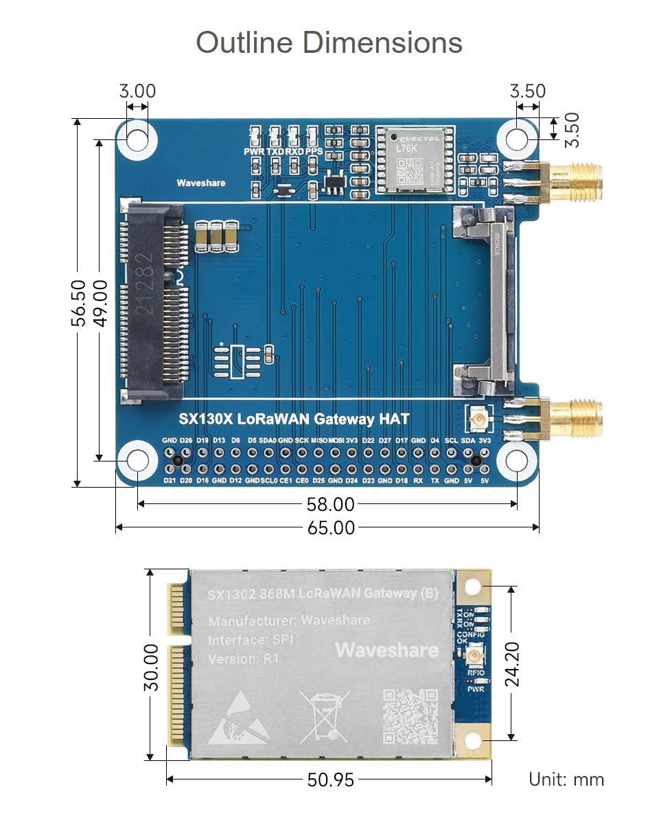 Waveshare SX1303 915M LoRaWAN Gateway HAT Compatible with Raspberry Pi 5/4B/3B/Zero/Zero W/Zero 2W/Pico/Pico W/Pico WH, Mini-PCIe Socket, Long Range Transmission, Large Capacity, Multi-Band Support