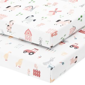 mini portable 24x38 fitted crib sheets – compatible with dream on me, delta porta crib and arms reach ideal cosleeper – 100% jersey cotton – farm animals – 2 pack