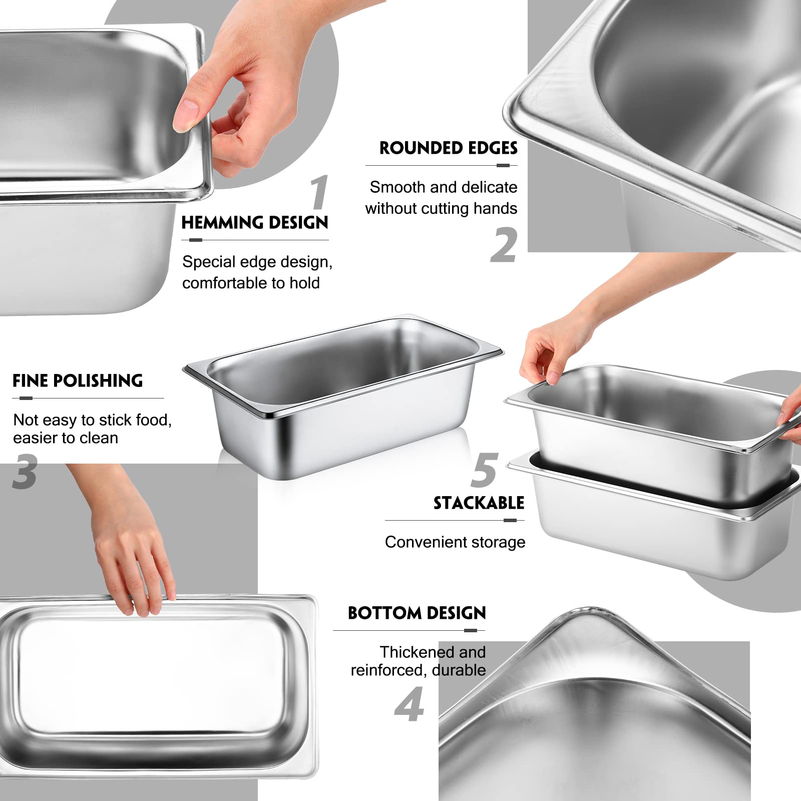 10 Pack Hotel Pans Stainless Steel Steam Table Pan 1/3 Size, 0.8 mm Thick Steam Pan Anti Jam Warming Pans for Food Warmer Restaurant Catering Supplies, 12.8 x 6.9 Inch (Standard,4 Inch Deep)