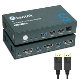 steetek 2 port dp usb 3.0 kvm switch 4k@60hz, kvm switch displayport 2 in 1 out, kvm switch for 2 computer share 1 monitor and usb 3.0 hub, button switch, with 2 dp and 2 usb 3.0 cable