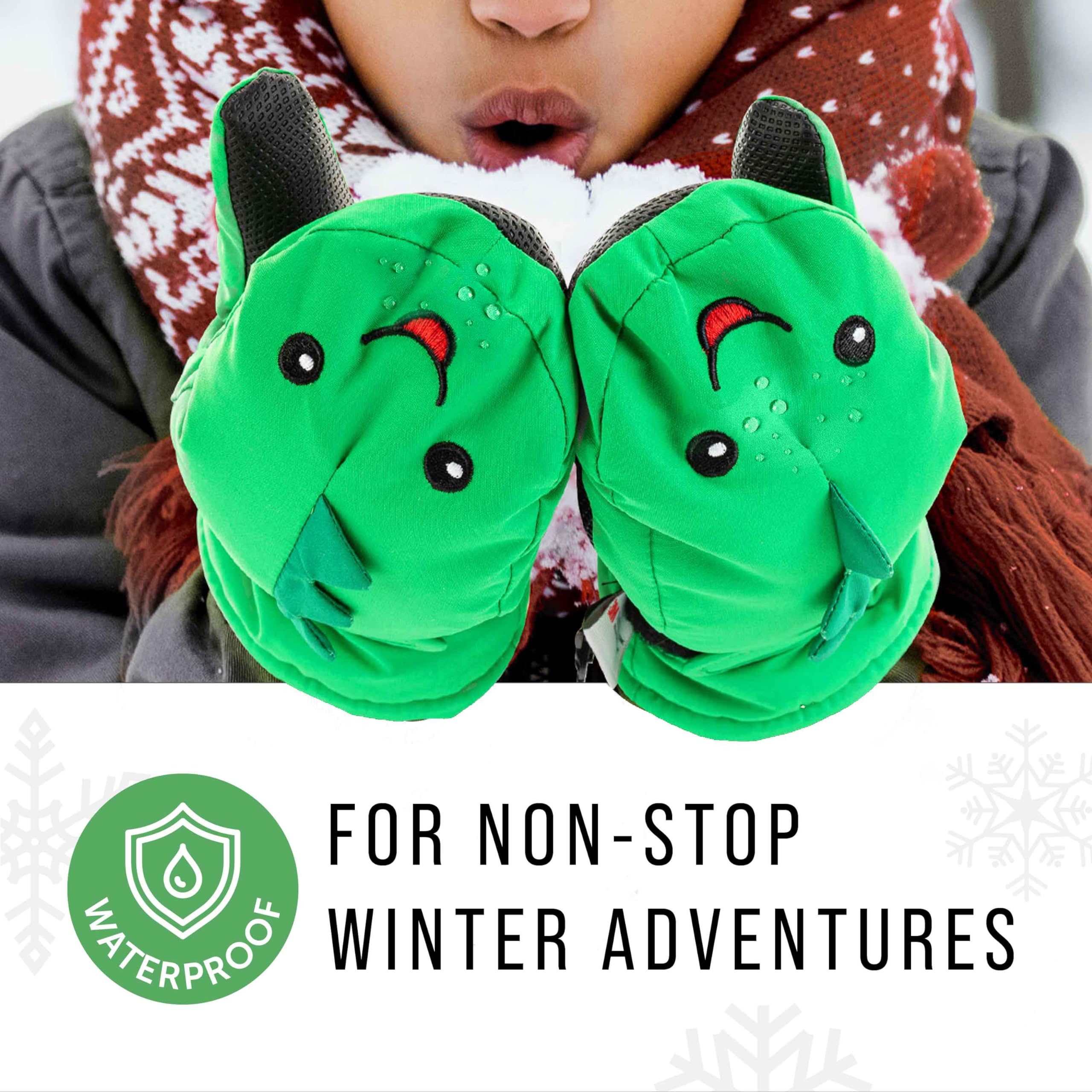 Maplefield Waterproof Kids Gloves with Fun Creatures - Long Cuff Keeps Kids Dry and Warm - Toddler Gloves with Thinsulate