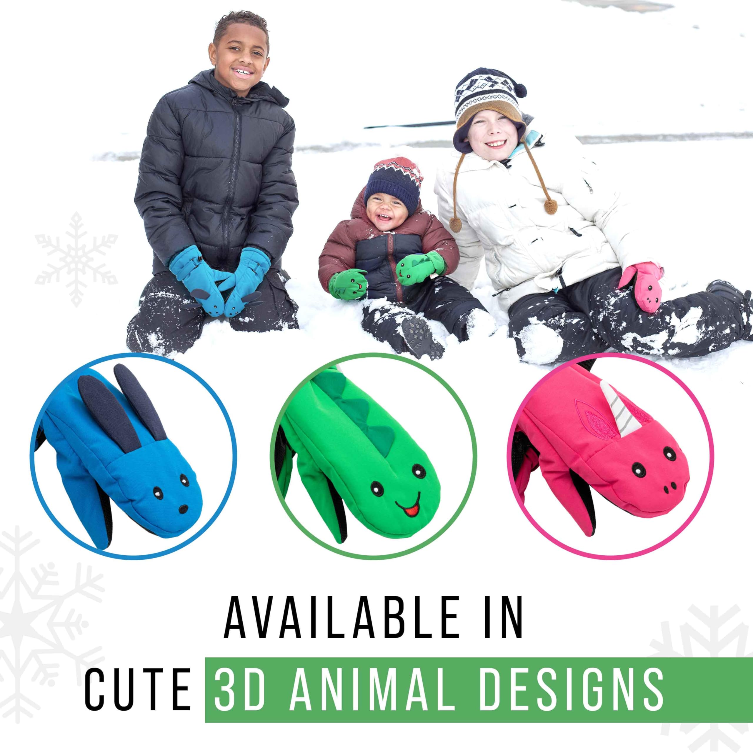 Maplefield Waterproof Kids Gloves with Fun Creatures - Long Cuff Keeps Kids Dry and Warm - Toddler Gloves with Thinsulate