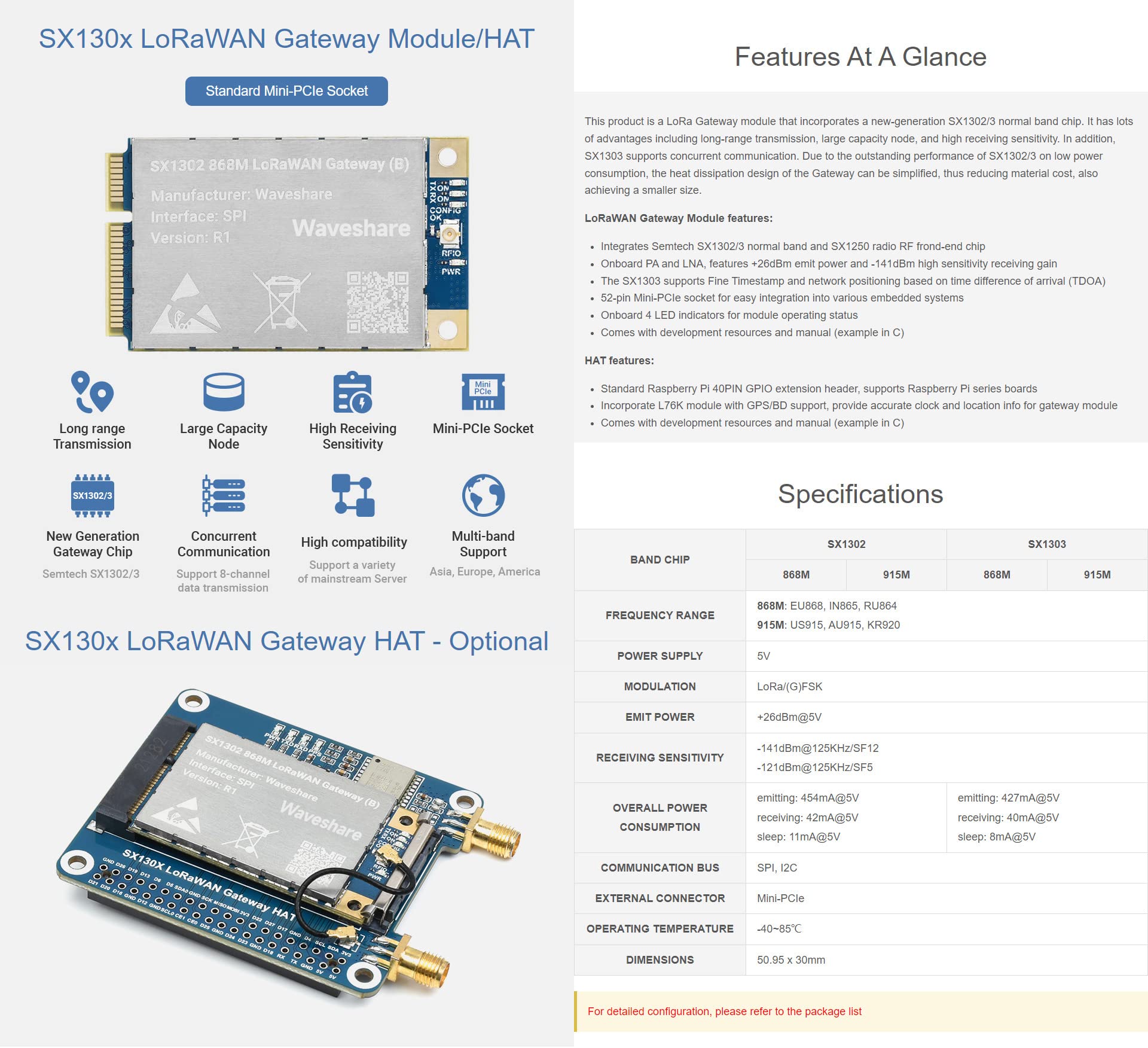 Waveshare SX1303 915M LoRaWAN Gateway HAT Compatible with Raspberry Pi 5/4B/3B/Zero/Zero W/Zero 2W/Pico/Pico W/Pico WH, Mini-PCIe Socket, Long Range Transmission, Large Capacity, Multi-Band Support