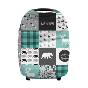 personalized woodland deer and bear baby car seat covers with name, custom nursing cover breastfeeding for babies, carseat canopy for girls and boys, infant stroller cover, breathable carseats cover