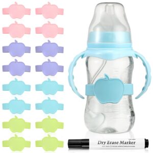 16 pcs baby bottle labels for daycare labels reusable waterproof silicone water bottle name bands writable multi color baby bottle name labels tags essentials with dry erase marker, 4 colors