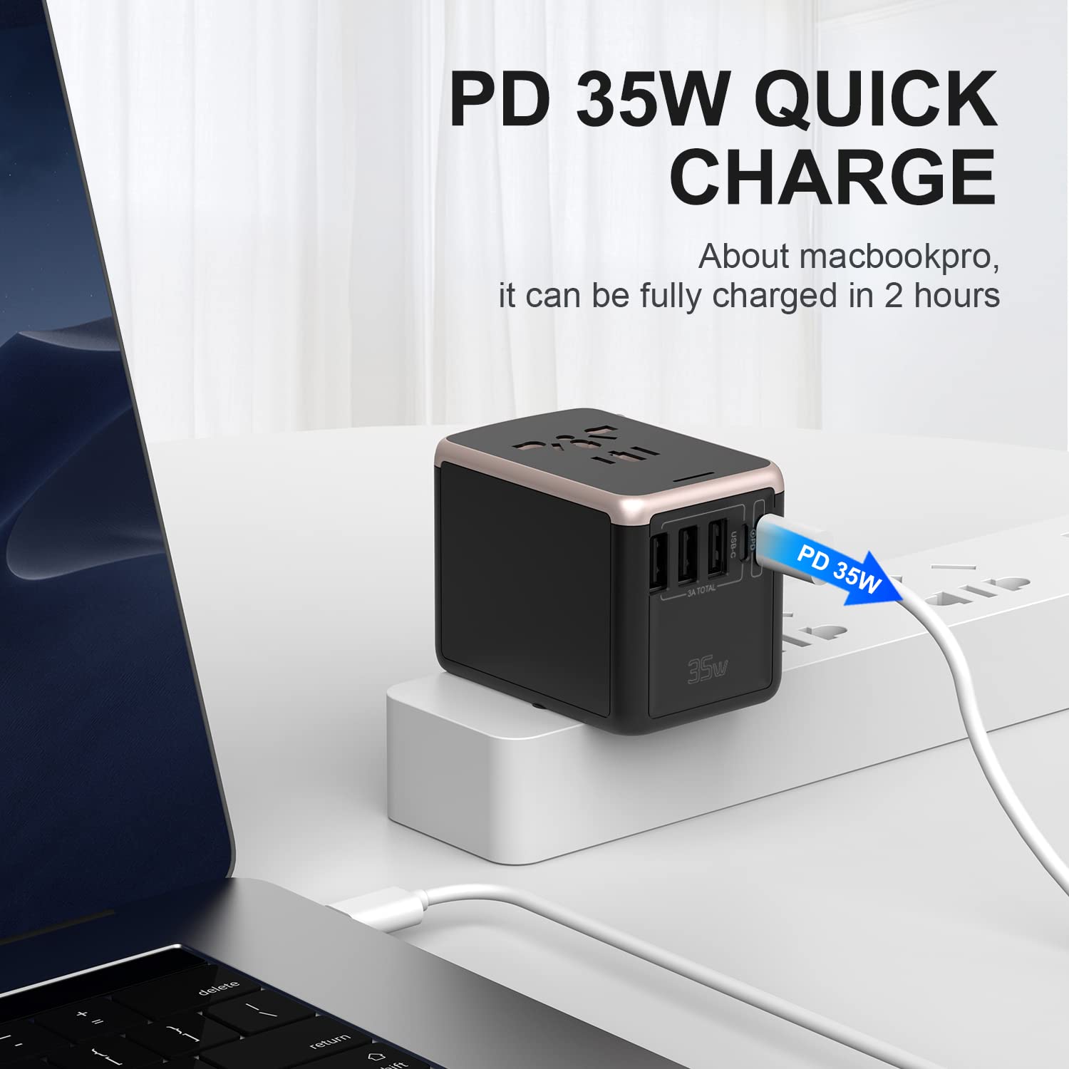 Universal Travel Adapter, PD 35W Fast International Power Adapter, 2 * 3.0A USB-C+3 * 2.4A USB-A Travel Adapter, Worldwide Travel Adapter for MacBook, Phones,iPad ect, for EU US UK AU 200+ Countries