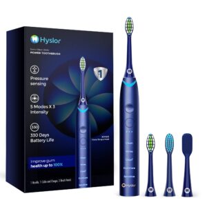 hyslor electric toothbrush, sonic electric toothbrush for adults, 330 days on single charge, 5 modes & 3 intensity levels, pressure sensor, 2-minute timer, 30-second interval, smart memory mode, ipx7