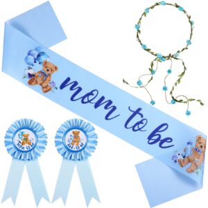 bear theme blue mom to be sash baby shower dad to be pin and flower crown headband for gender reveals party baby shower party favors decorations for boys and girls pregnancy props keepsake gifts