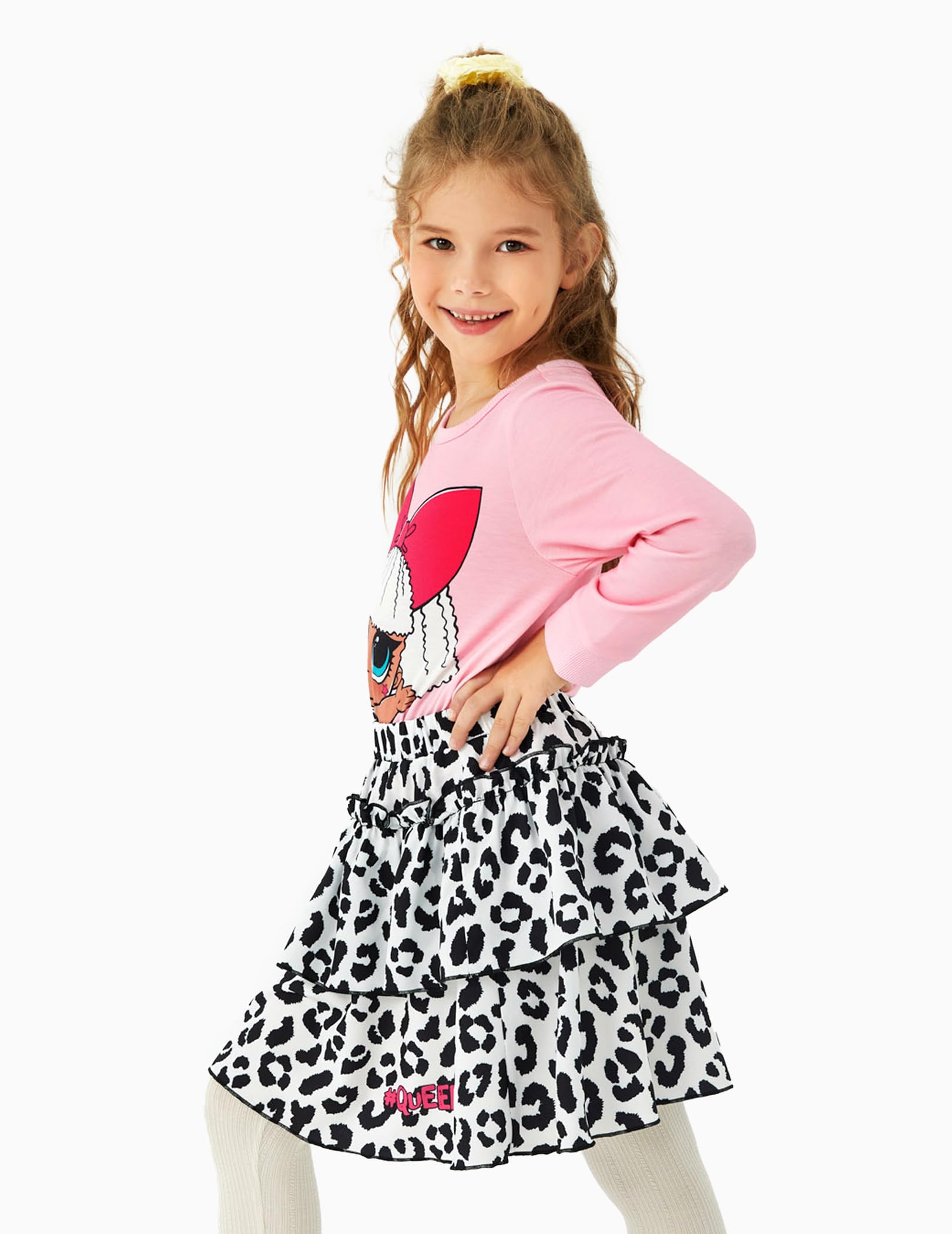 L.O.L. Surprise! Girls 2pcs Print Tee and Leopard Layered Skirt Set Casual Long Sleeve T-shirt and Cake Skirt Party Outfit Pink 5-6 Years