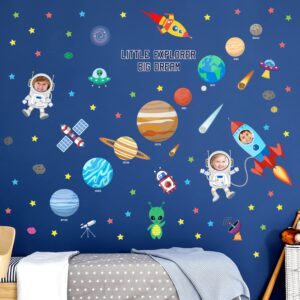 DECOWALL DS9-8058 Outer Space Wall Decals Stickers Kids Bedroom Room décor Nursery Boys Galaxy Stars Astronaut Planets Solar System Dark Removable Decoration Living Spaceship Window Art Mural Peel