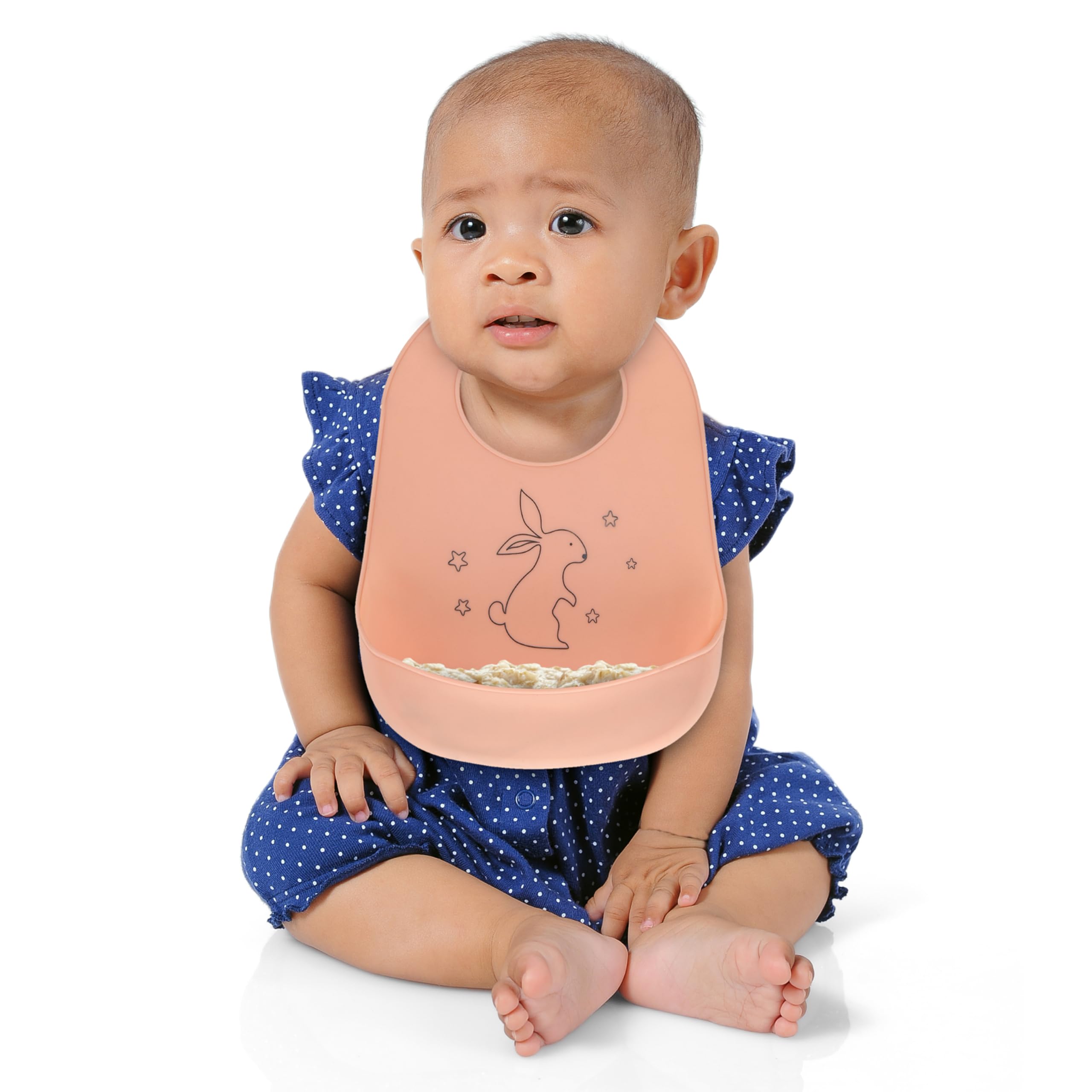 Silicone Bib - Soft Silicone Bibs for Babies,Toddler & Small Kids - Baby Bibs with Food Catcher, BPA Free and Waterproof - Durable Baby Food Bibs with Adjustable Neck Roll Bibs for Feeding Pockets