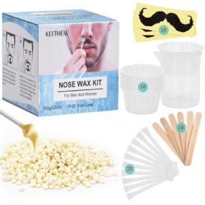 nose wax kit for men and women - instant hair removal, 100g hard wax, 20 applicators, 10 mustache guards, and 10 paper cups - painless, safe, 20 times usage count - white applicators