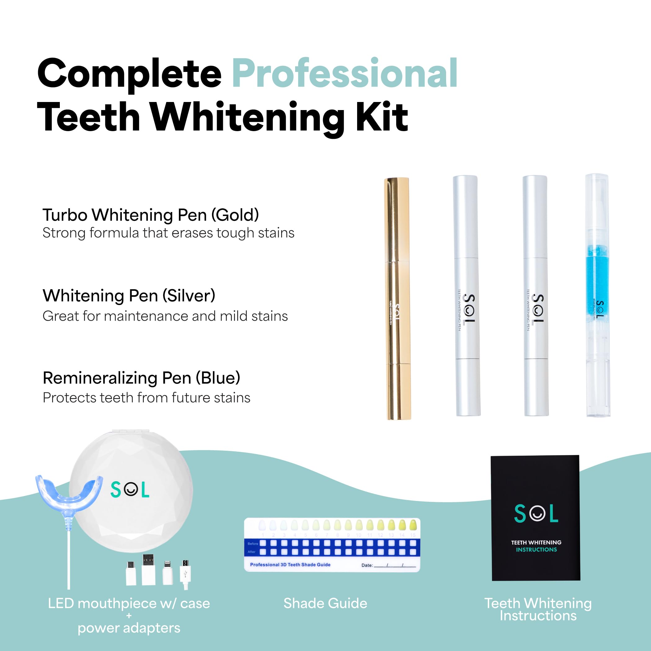 Sol Professional Teeth Whitening Kit with LED Light, Non-Sensitive & Fast Tooth Whitener, All Natural, Vegan, 3 Carbamide Peroxide Whitening Gel & 1 Remineralizing Pen, Shade Guide & Case, 50 Sessions