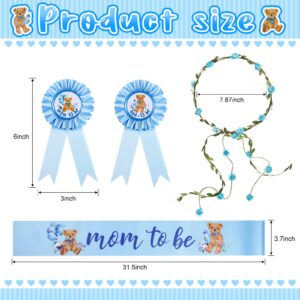 Bear Theme Blue Mom to Be Sash Baby Shower Dad to Be Pin and Flower Crown Headband for Gender Reveals Party Baby Shower Party Favors Decorations for Boys and Girls Pregnancy Props Keepsake Gifts