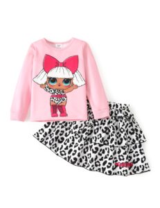 l.o.l. surprise! girls 2pcs print tee and leopard layered skirt set casual long sleeve t-shirt and cake skirt party outfit pink 5-6 years