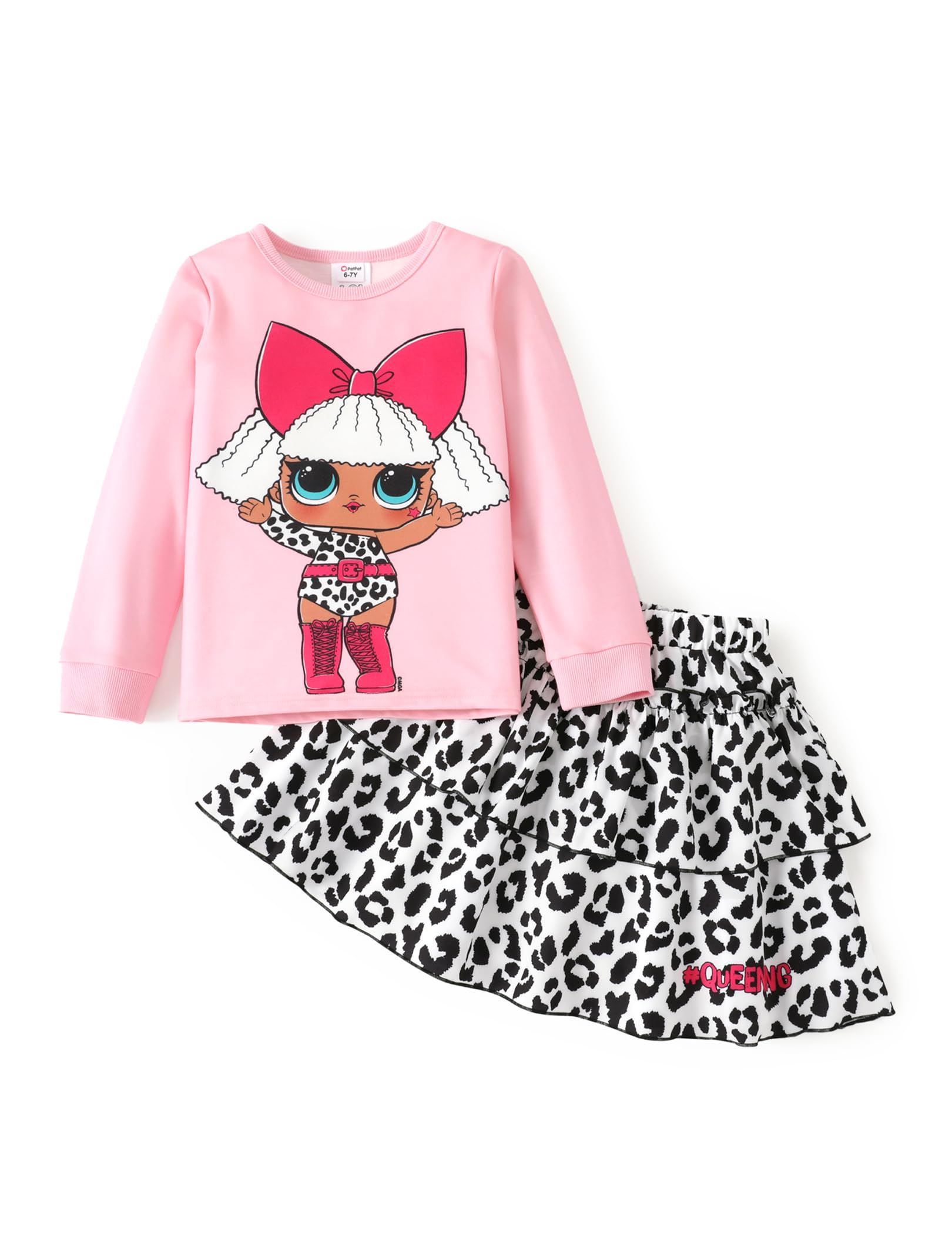 L.O.L. Surprise! Girls 2pcs Print Tee and Leopard Layered Skirt Set Casual Long Sleeve T-shirt and Cake Skirt Party Outfit Pink 5-6 Years