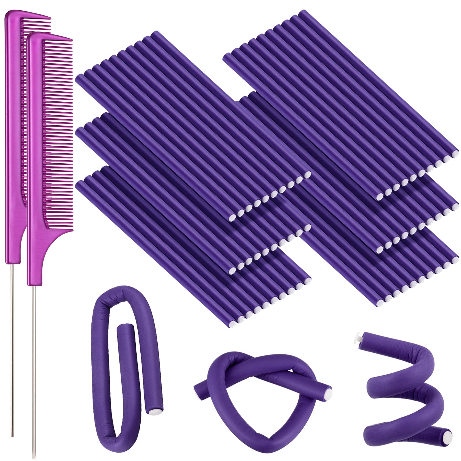 60 Pieces Flexible Curling Rods and Hair Curlers Rollers Set - Twist Rods for Long and Short Hair, No Heat Required (Purple, 0.3 x 9.5 Inch)