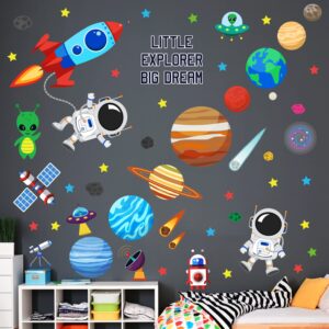 decowall ds9-8058 outer space wall decals stickers kids bedroom room décor nursery boys galaxy stars astronaut planets solar system dark removable decoration living spaceship window art mural peel