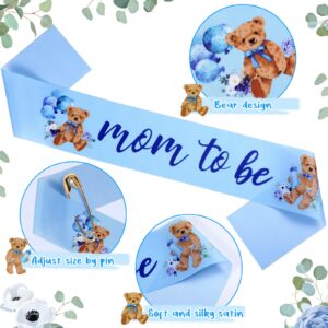 Bear Theme Blue Mom to Be Sash Baby Shower Dad to Be Pin and Flower Crown Headband for Gender Reveals Party Baby Shower Party Favors Decorations for Boys and Girls Pregnancy Props Keepsake Gifts