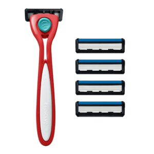 preserve shave 5 five blade refillable razor, made from recycled materials, poppy red and preserve five blade wave replacement cartridges for preserve shave five recycled razor (4 count) bundle