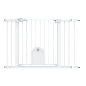 babelio auto close baby gate with small cat door, metal cat gate for doorway, stairs, house, easy walk thru dog gate with pet door, includes 4 wall cups and 4 extension pieces, white