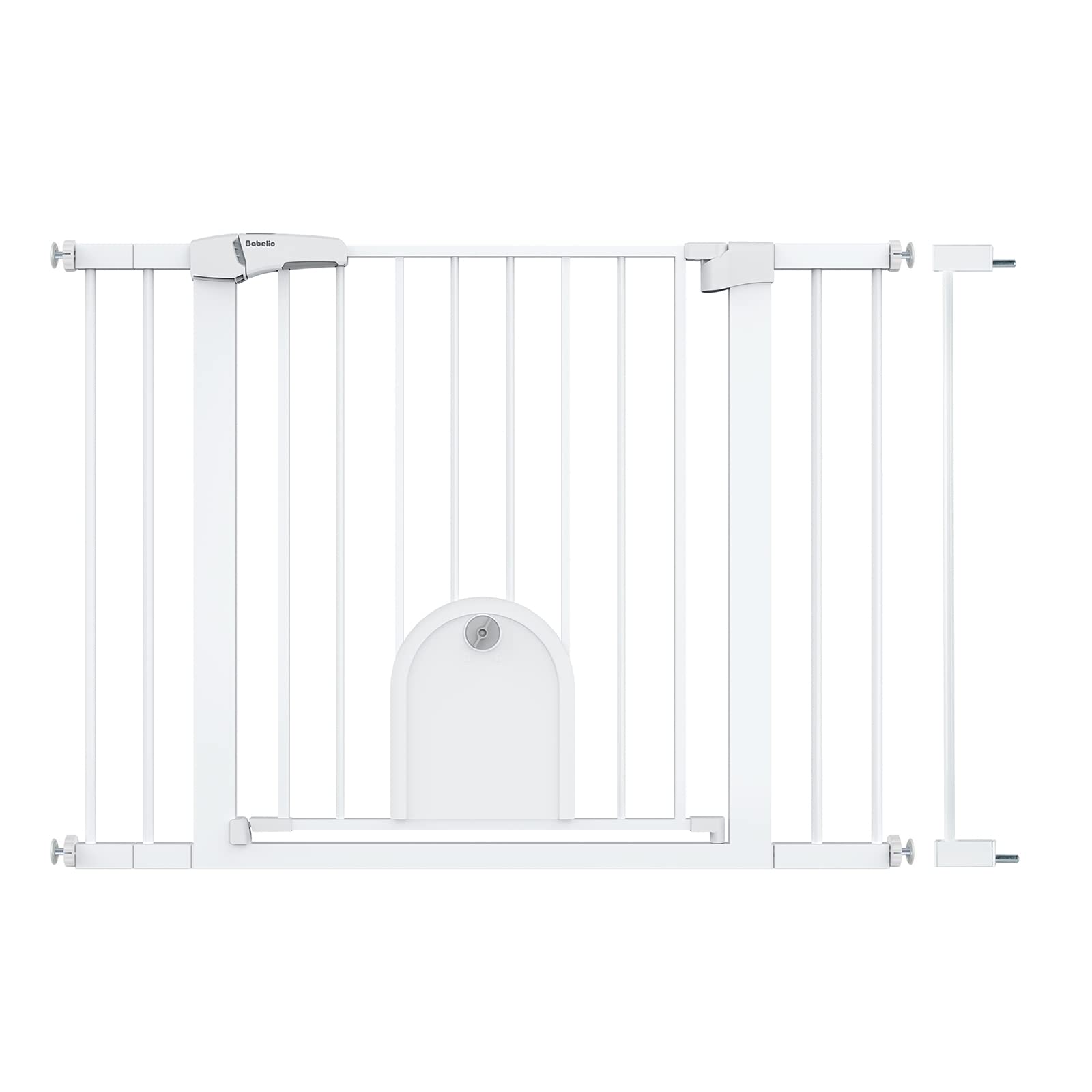 Babelio Auto Close Baby Gate with Small Cat Door, Metal Cat Gate for Doorway, Stairs, House, Easy Walk Thru Dog Gate with pet Door, includes 4 Wall Cups and 4 Extension Pieces, White