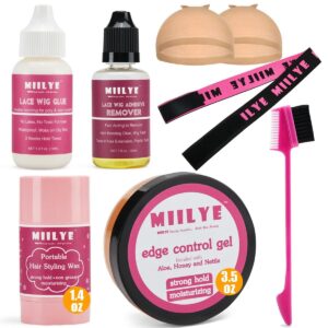 miilye lace wig glue and hair styling wax gel combo pack wig install kits, wig glue for front lace wig and remover, edge control gel 3.5oz, hair wax stick, wig band, wig caps and edge brush