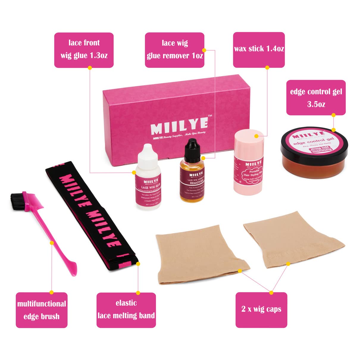 MIILYE Lace Wig Glue and Hair Styling Wax Gel Combo Pack Wig Install Kits, Wig Glue for Front Lace Wig and Remover, Edge Control Gel 3.5oz, Hair Wax Stick, Wig Band, Wig Caps and Edge Brush