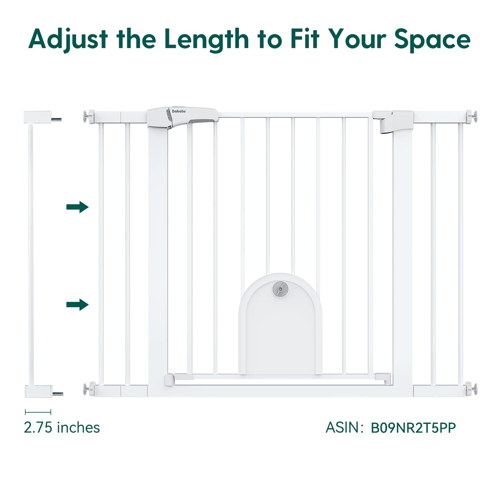 Babelio Auto Close Baby Gate with Small Cat Door, Metal Cat Gate for Doorway, Stairs, House, Easy Walk Thru Dog Gate with pet Door, includes 4 Wall Cups and 4 Extension Pieces, White