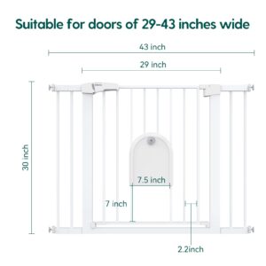 Babelio Auto Close Baby Gate with Small Cat Door, Metal Cat Gate for Doorway, Stairs, House, Easy Walk Thru Dog Gate with pet Door, includes 4 Wall Cups and 4 Extension Pieces, White