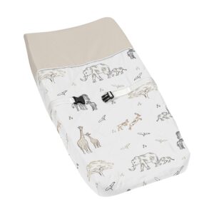 sweet jojo designs jungle safari animals boy girl baby nursery changing pad cover beige brown taupe black and white gender neutral animal elephant giraffe wildlife adventure zebra elephants serengeti